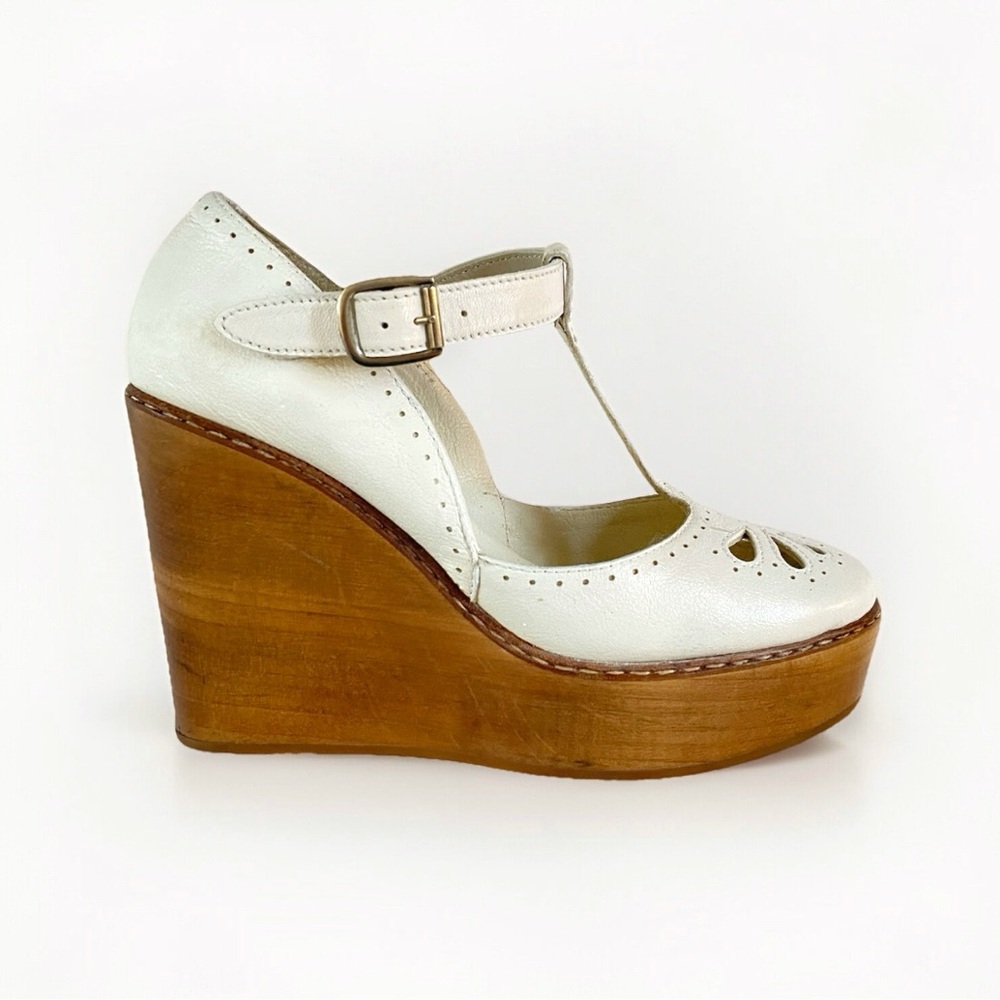 Chloe White Leather Mary Jane Wood Platform Wedges - Gem